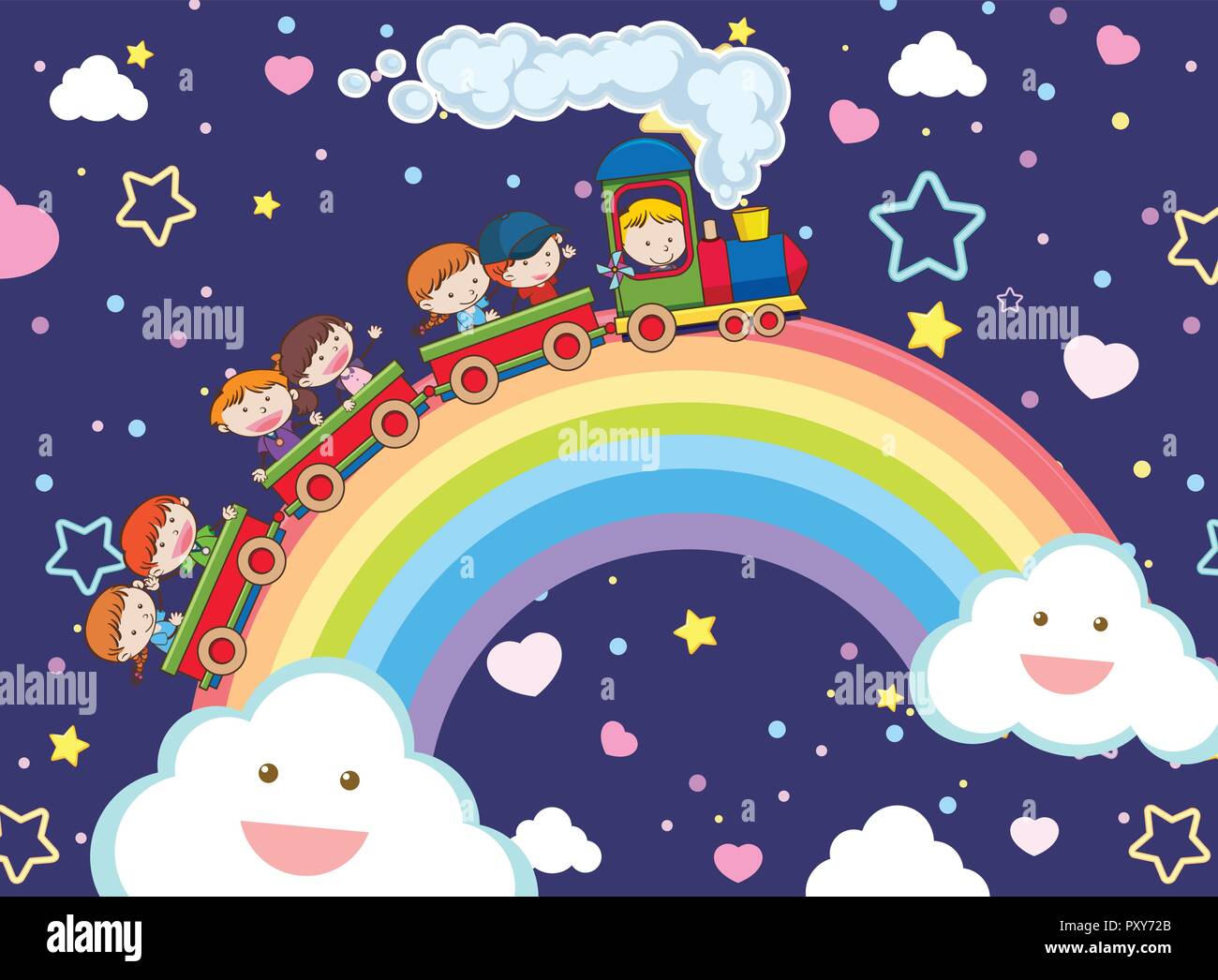 Kids Taking a Train over the Rainbow illustration Stock Vector Image ...