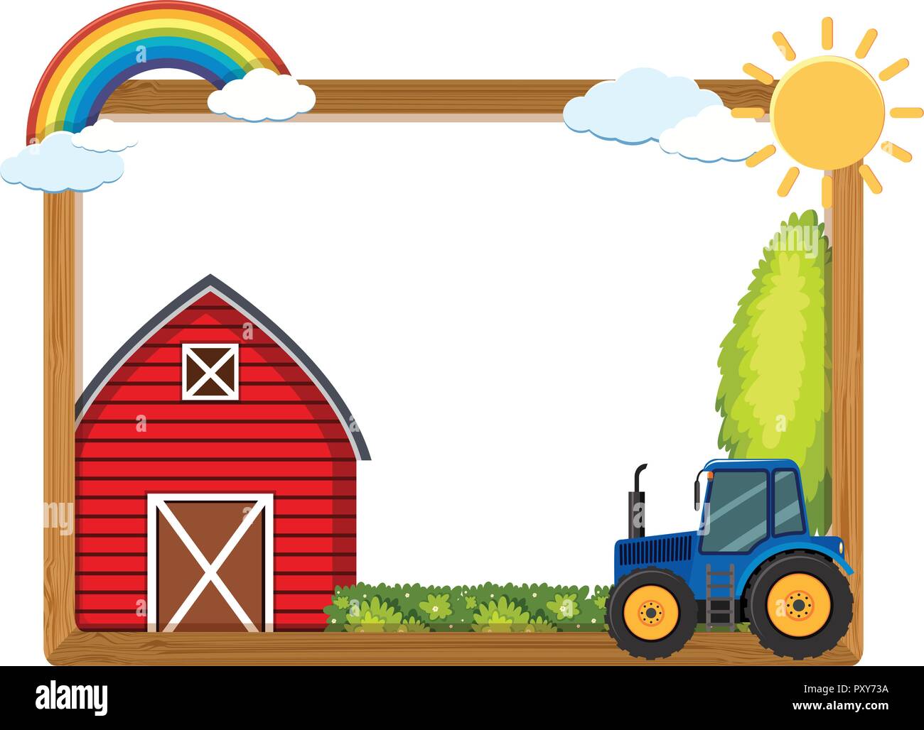 Wooden frame with barn and tractor illustration Stock Vector Image ...