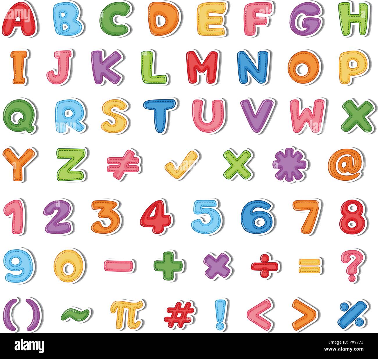 Font design for English alphabets and numbers in many colors ...