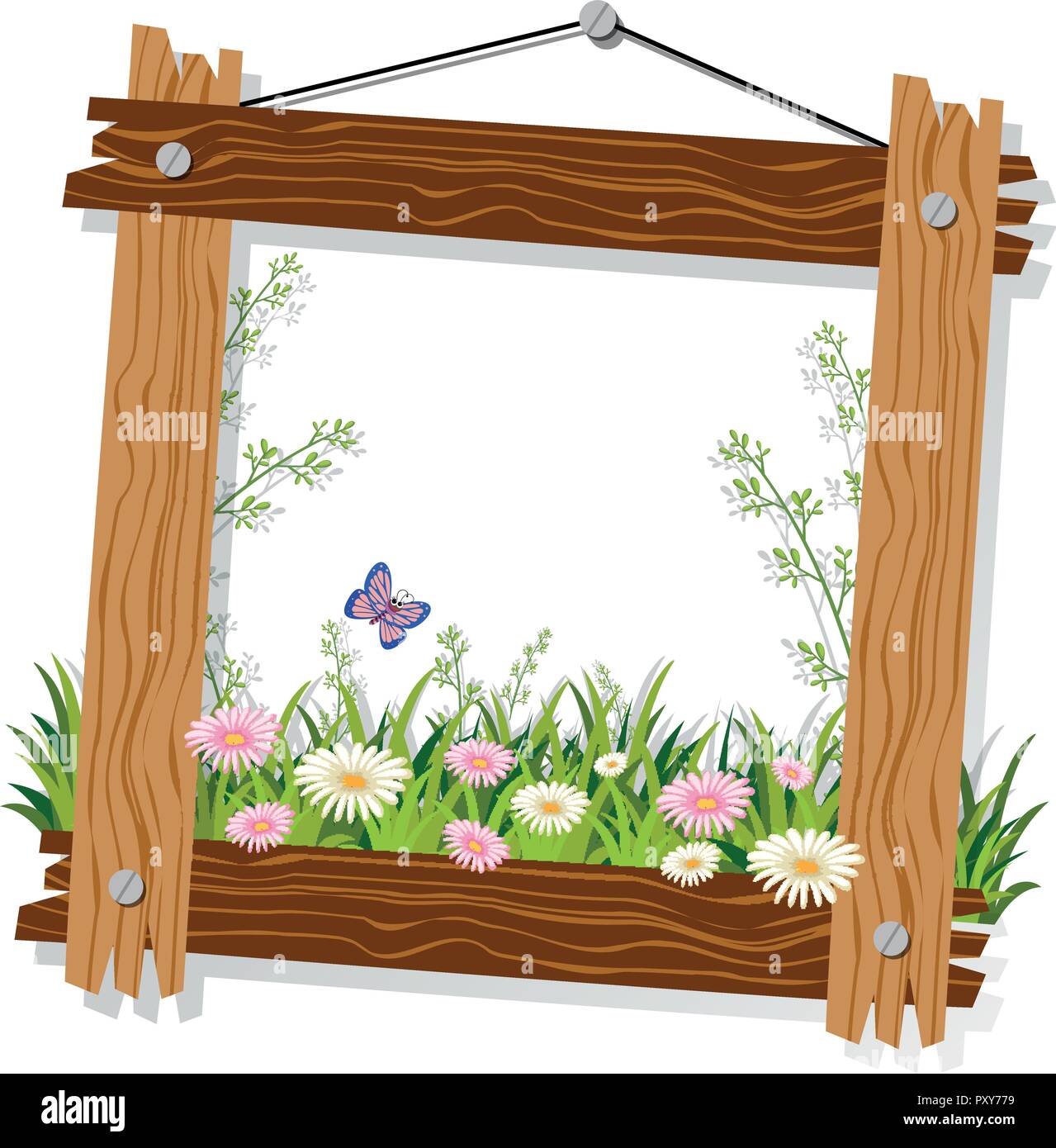 Wooden frame template with flowers and grass illustration Stock Vector ...