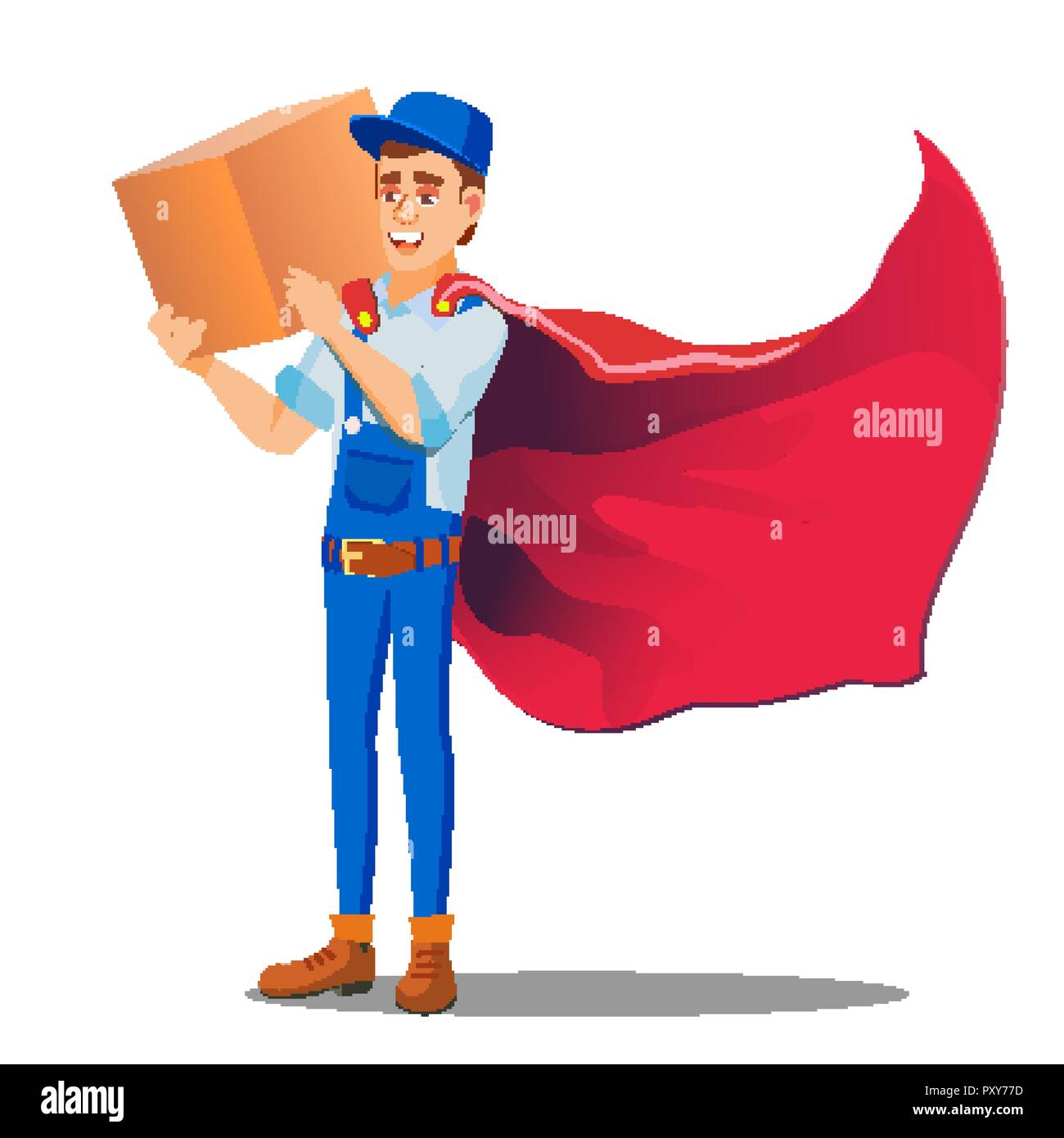 Delivery Service, Man In Uniform And Cloak Of Superhero With Box In ...