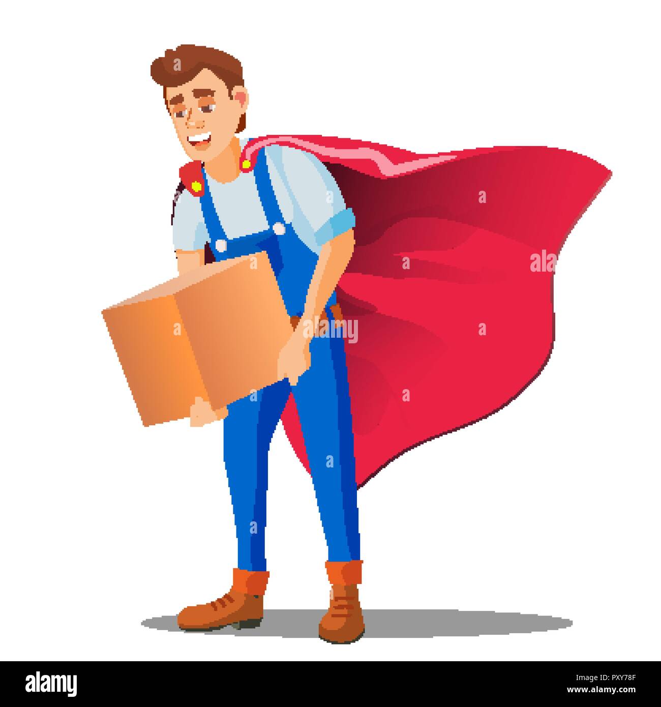 Delivery Service, Man In Superhero Uniform With Box In Hand Vector ...
