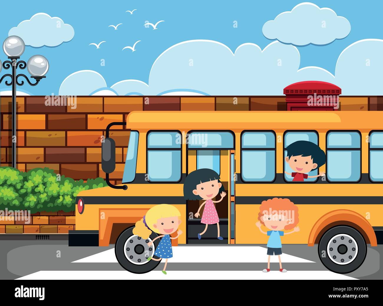 Children getting off the school bus illustration Stock Vector Image ...