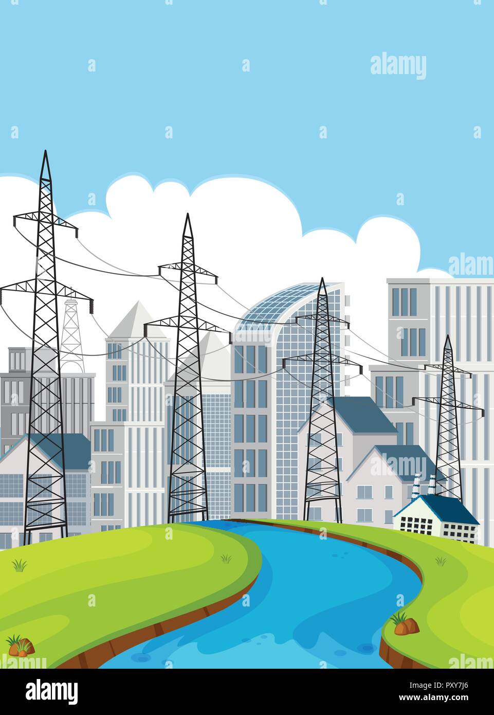 City scene with electricity poles and buildings illustration Stock ...