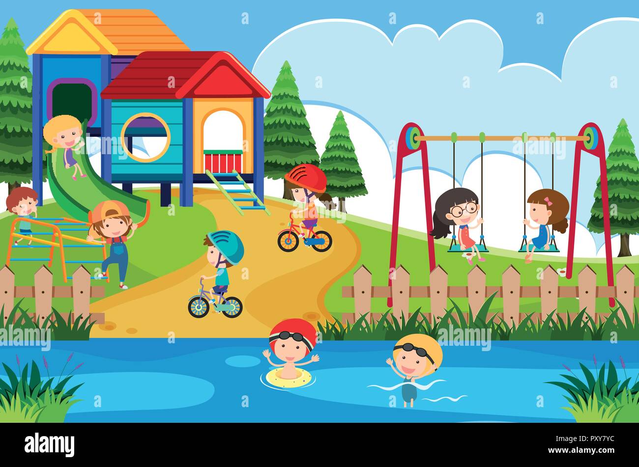 Many children playing in the playground at day time illustration Stock ...