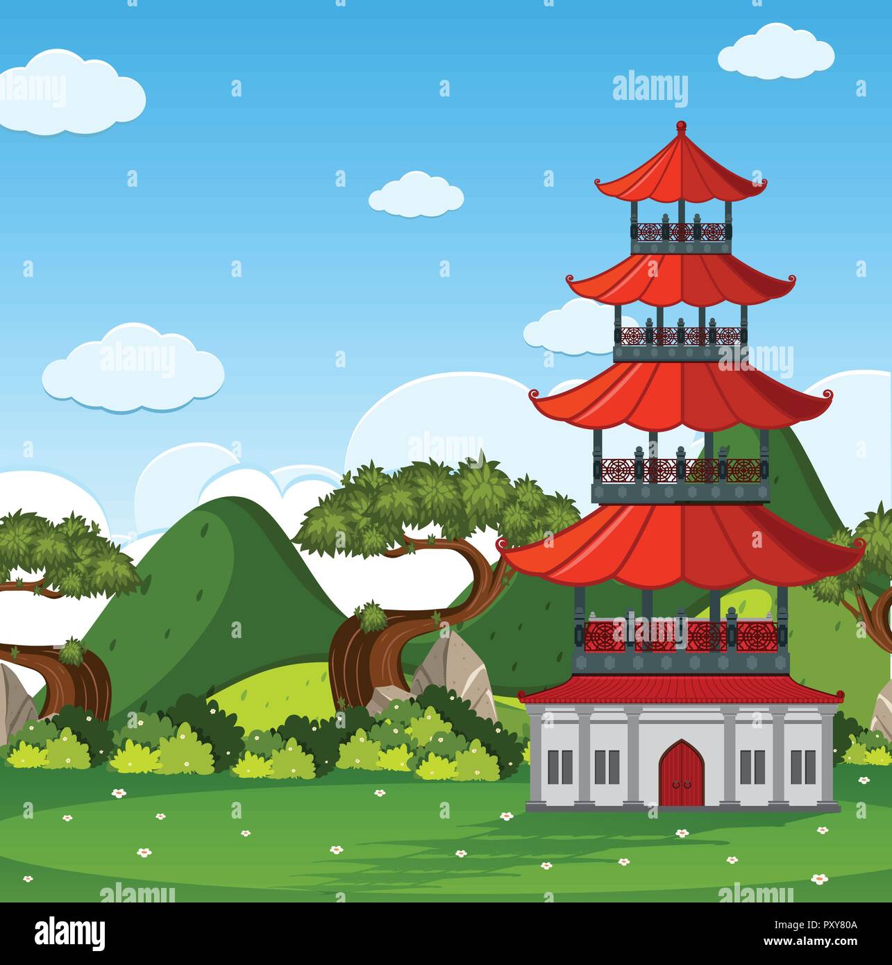 Garden scene with chinese tower in the field illustration Stock Vector ...