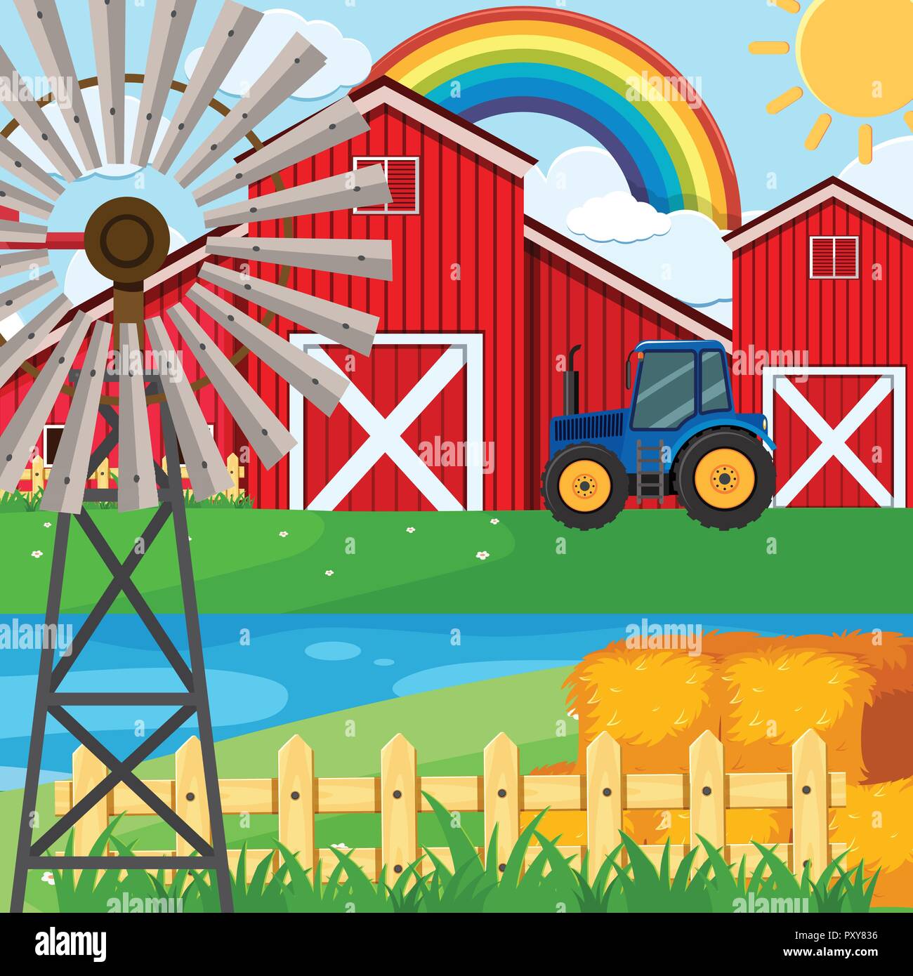 Farm scene with rainbow in sky illustration Stock Vector Image & Art ...