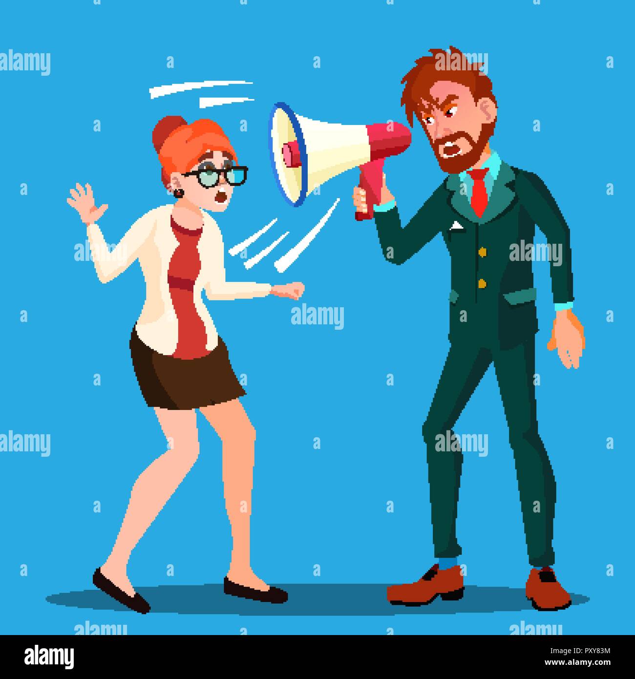 Angry Boss Man Screaming In Megaphone At Scared Woman Empolyee Vector ... Angry Boss Man Screaming In Megaphone At Scared Woman Empolyee Vector ...