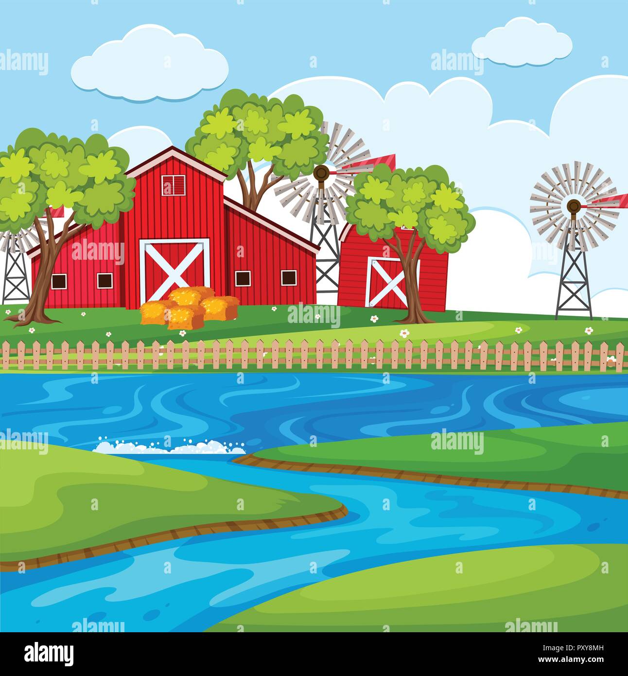 Farm scene with river and barns illustration Stock Vector Image & Art ...