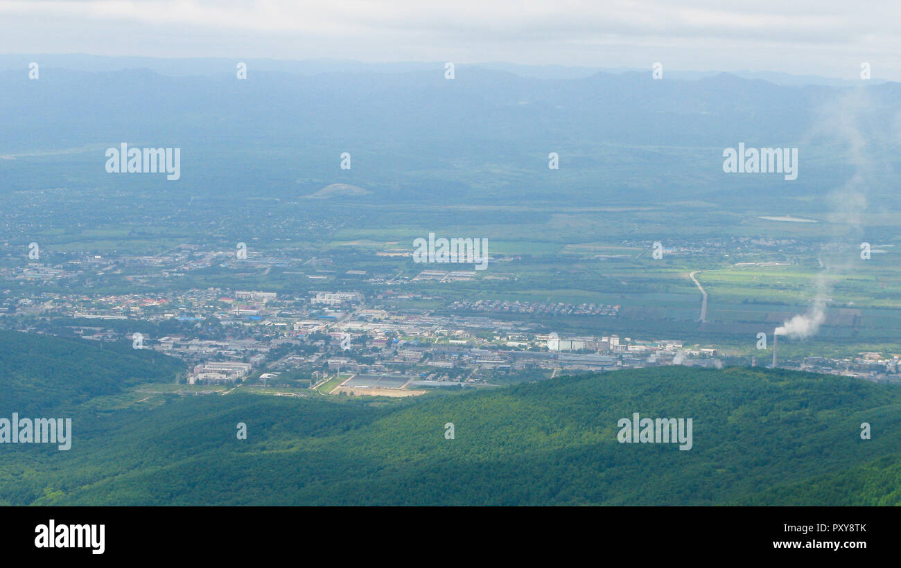 Aerial panoramic view to Yuzhno-Sakhalinsk city at Sakhalin island ...