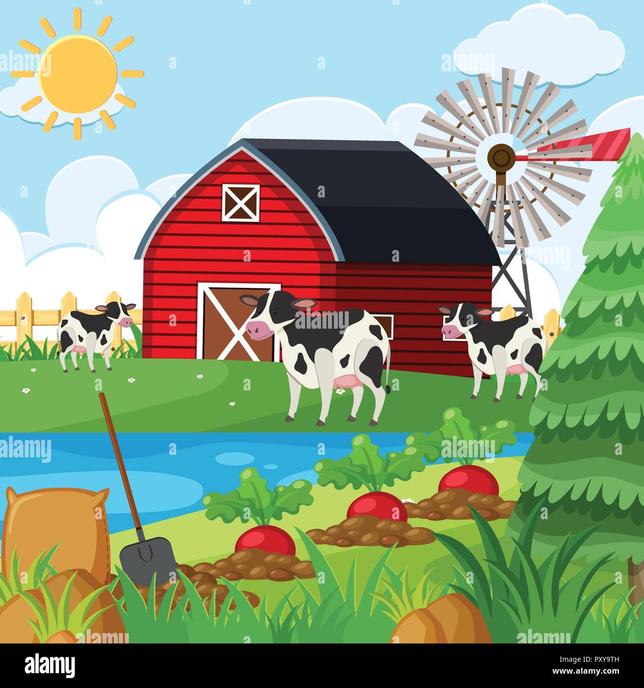 Three cows on the farm at daytime illustration Stock Vector Image & Art ...