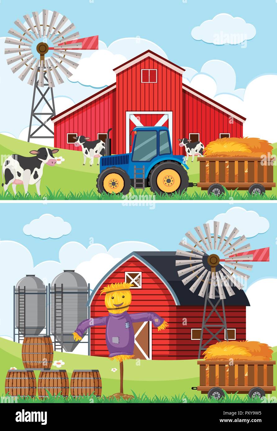Two scenes with tractor and scarecrow in the farms illustration Stock ...
