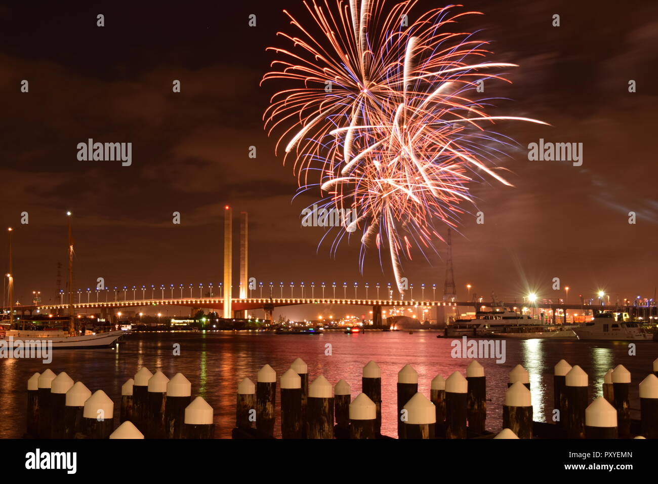 Winter Fireworks in Melbourne Docklands and Bolte Bridge Stock Photo ...