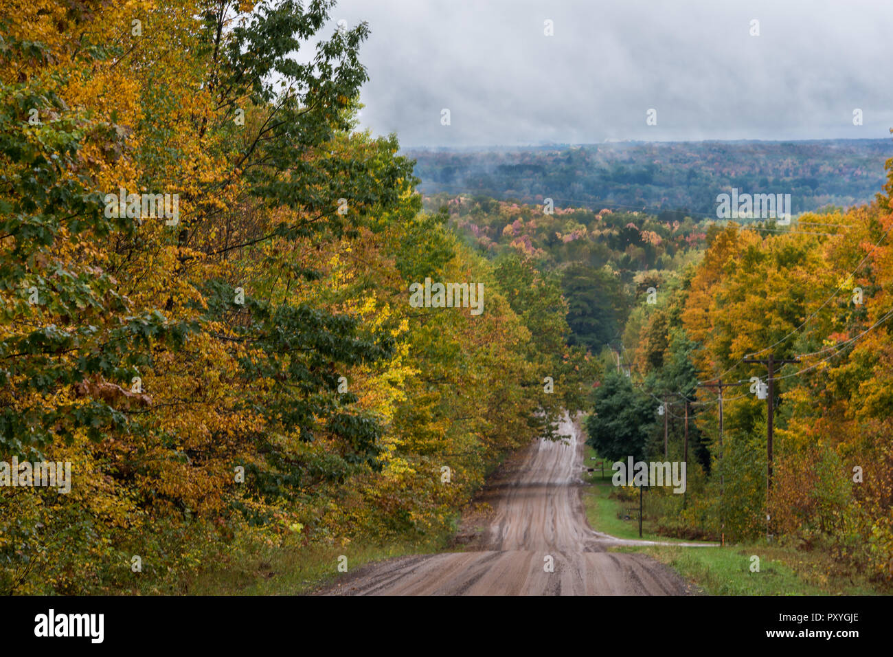 Wet Fall Road with Clouds and Fog Stock Photo - Alamy