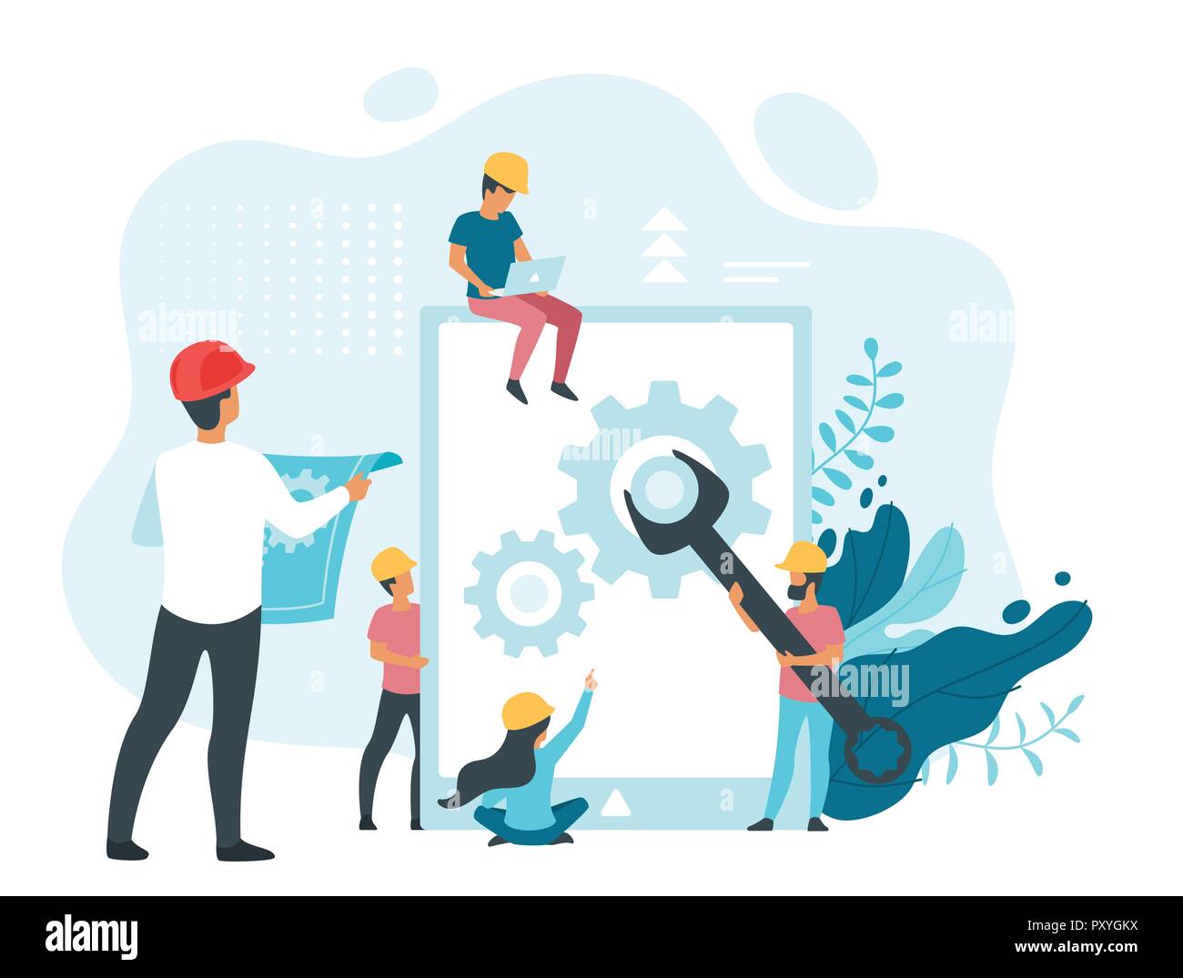 Vector flat style leader businessman in red hard hat holding blueprints ... Vector flat style leader businessman in red hard hat holding blueprints ...