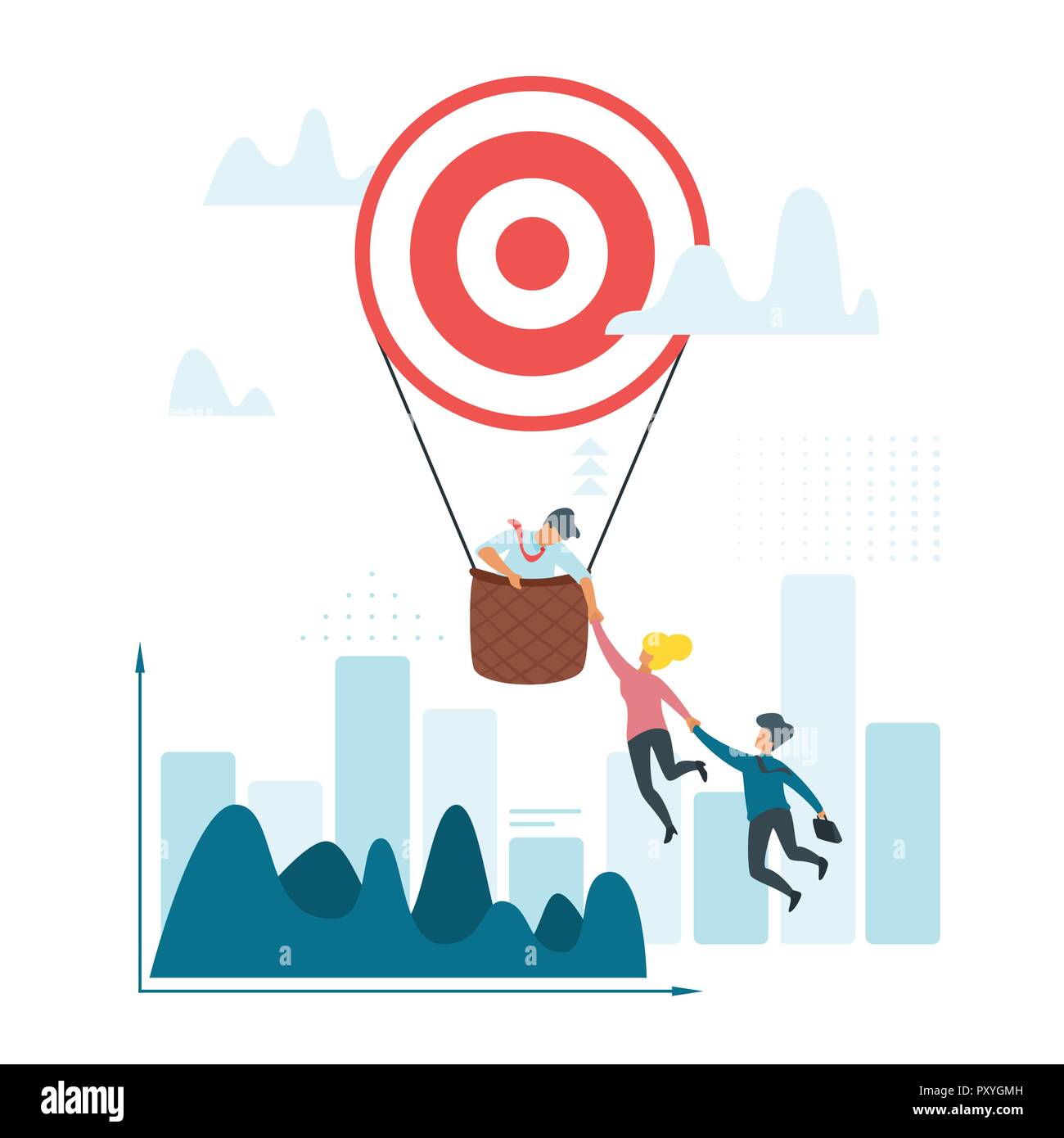 Vector flat style illustration of leader businessman on air balloon ...