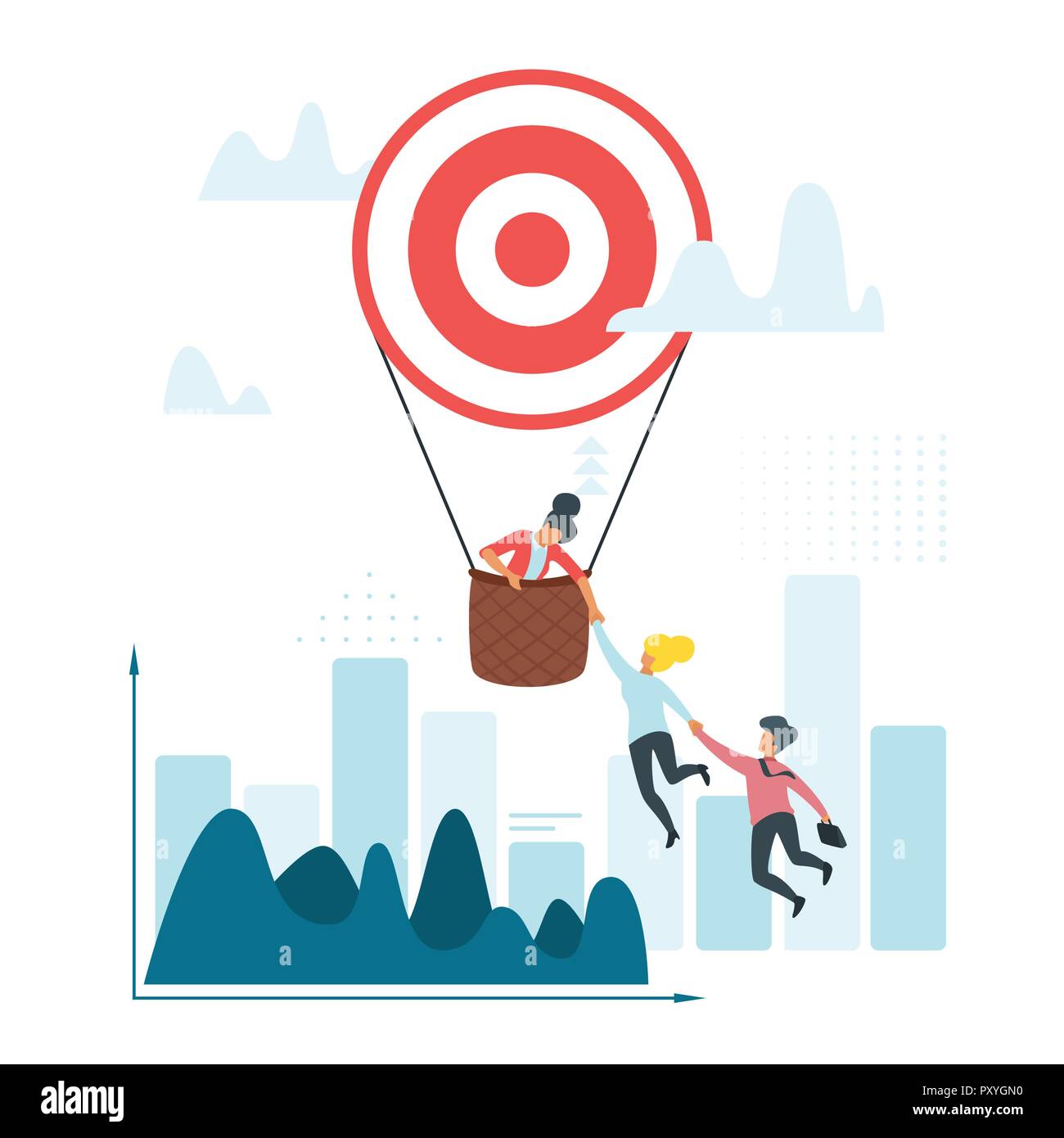 Vector flat style illustration of leader businesswoman on air balloon ...