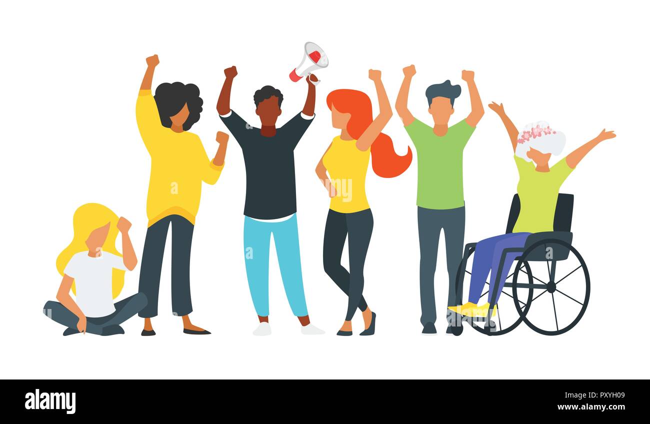 Vector illustration of protesting people. Young activist man and woman ...