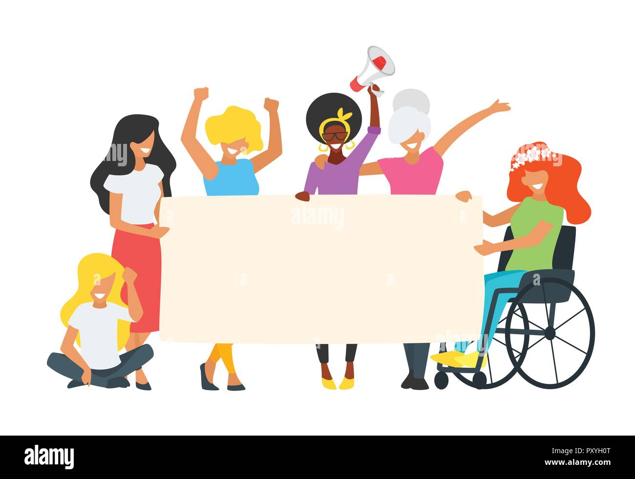 Vector illustration of protesting people holding blank placard. Young ...