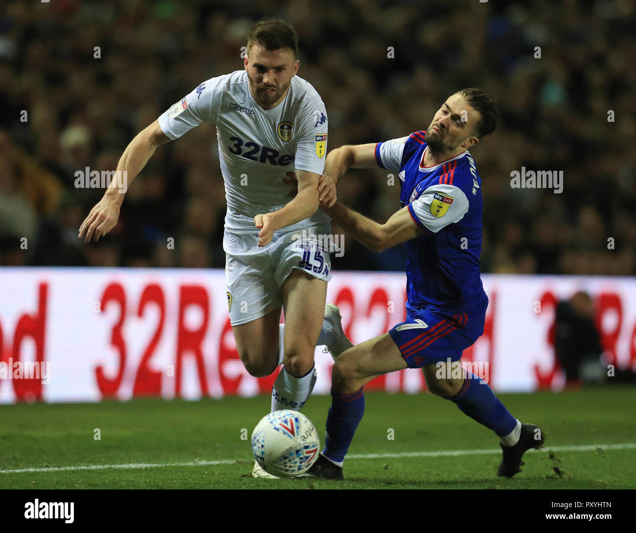 Leeds United's Stuart Dallas (left) and Ipswich Town's Gwion Edwards ...