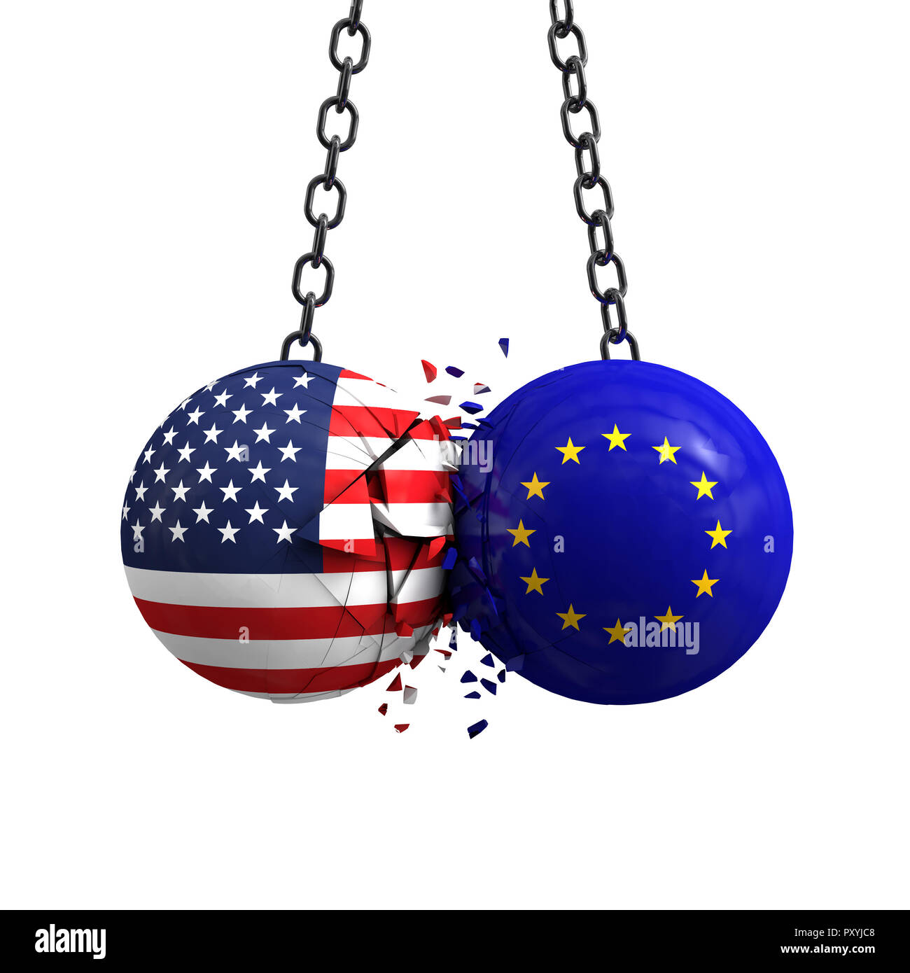 USA flag and European union political balls smash into each other. 3D ...