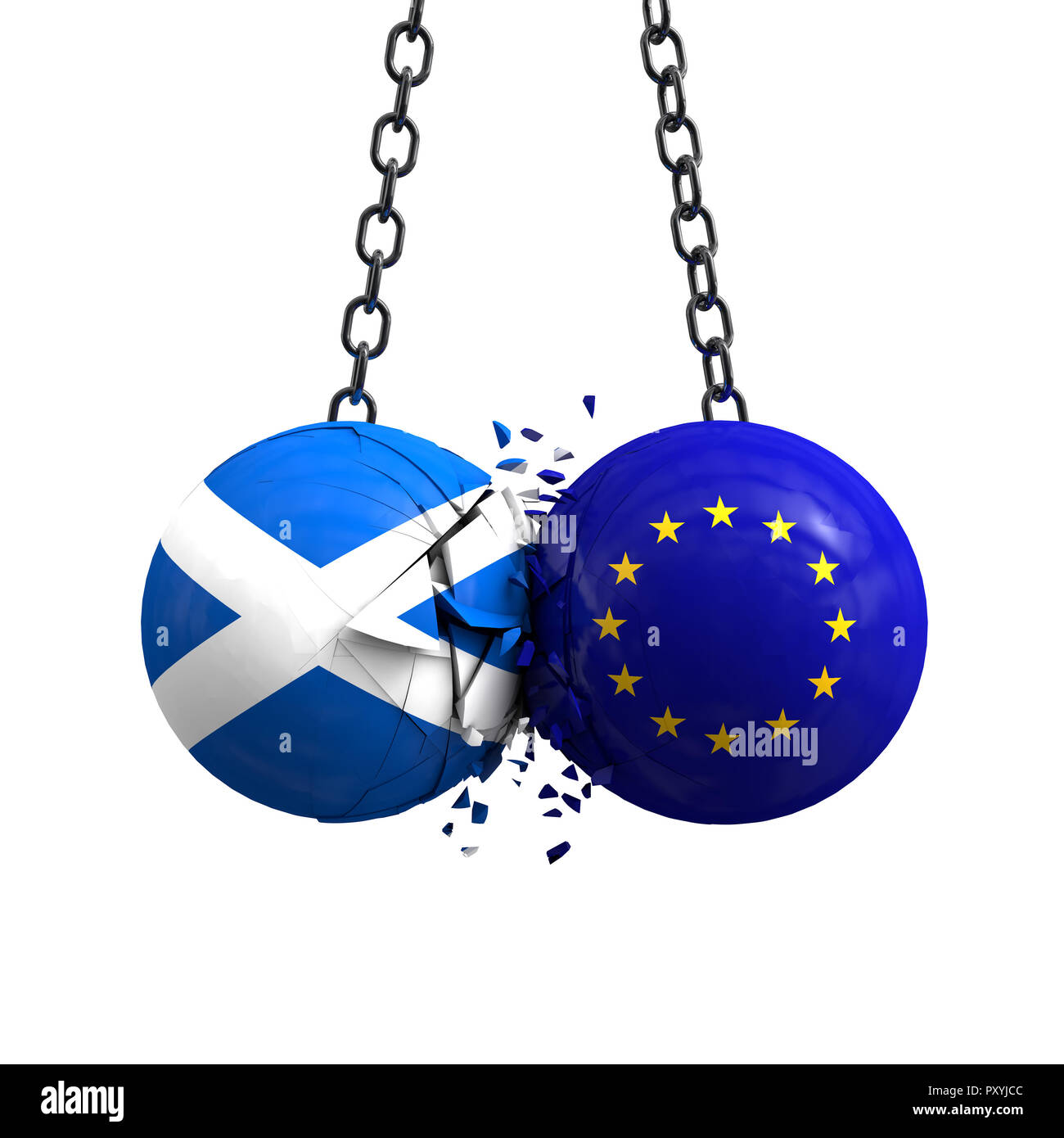 Scotland flag and European union political balls smash into each other ...
