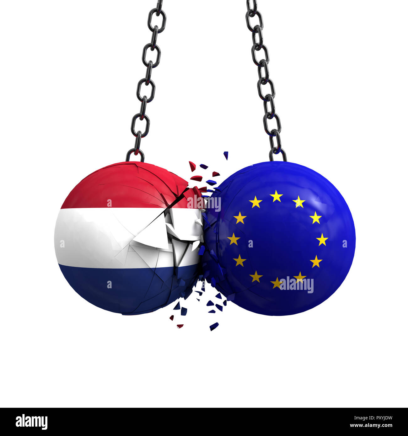 Netherlands flag and European union political balls smash into each ...
