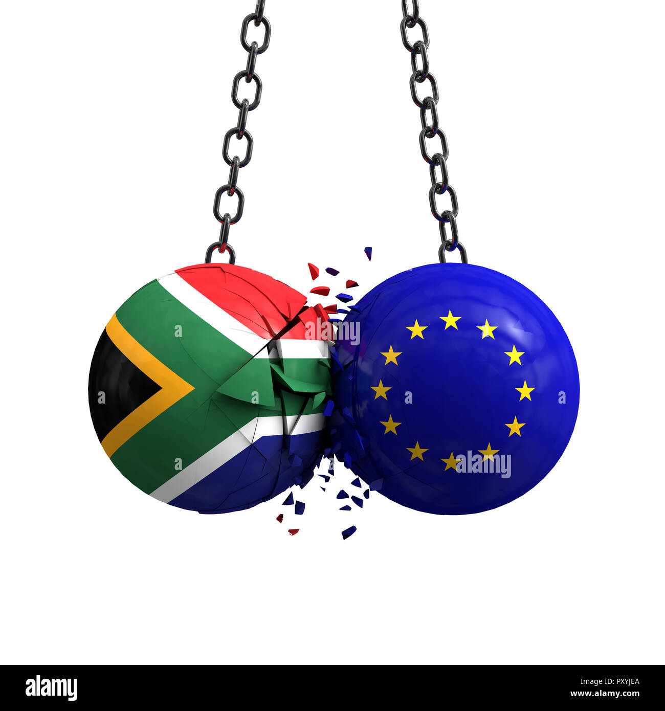 South Africa flag and European union political balls smash into each ...