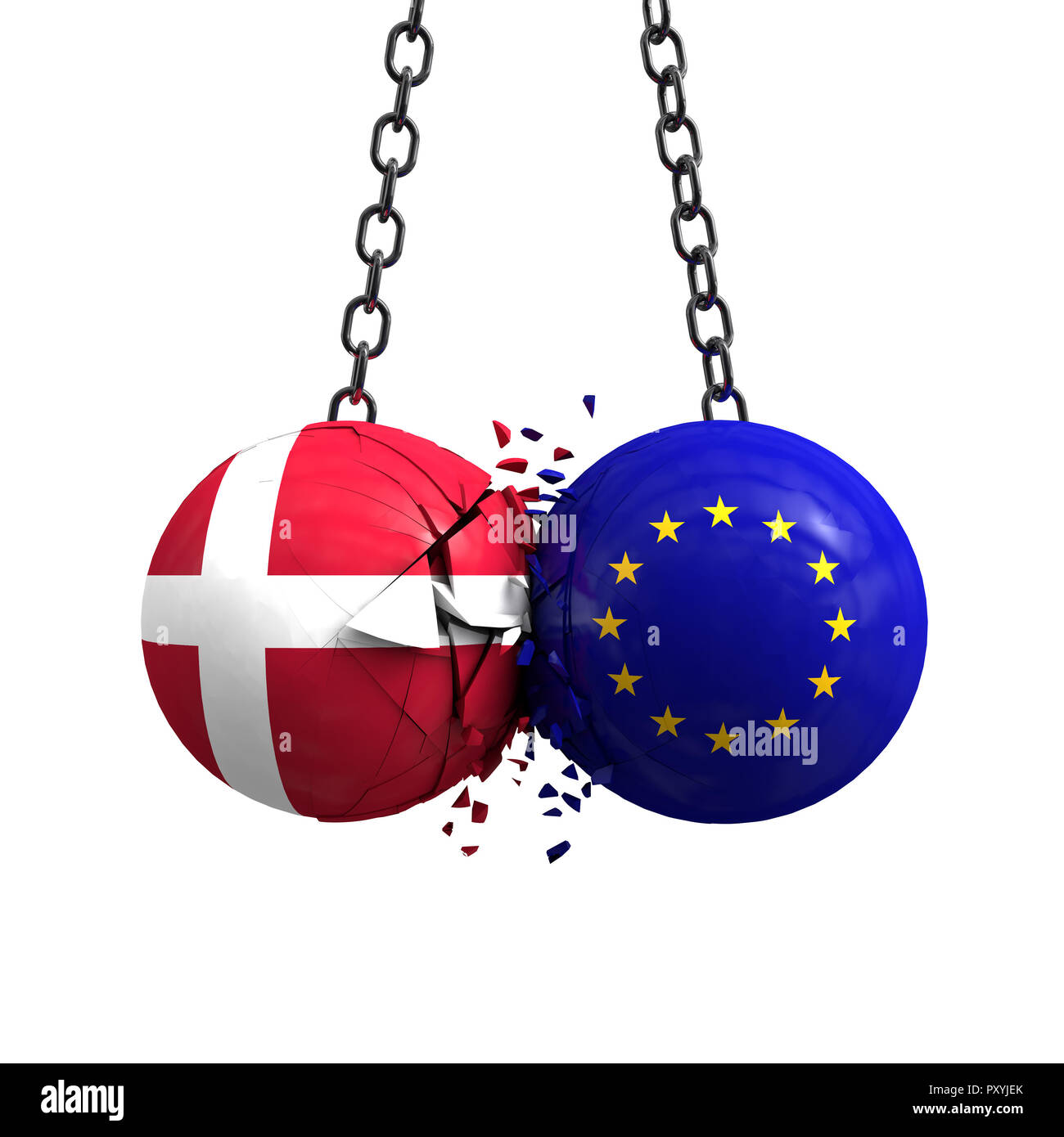 Denmark flag and European union political balls smash into each other ...