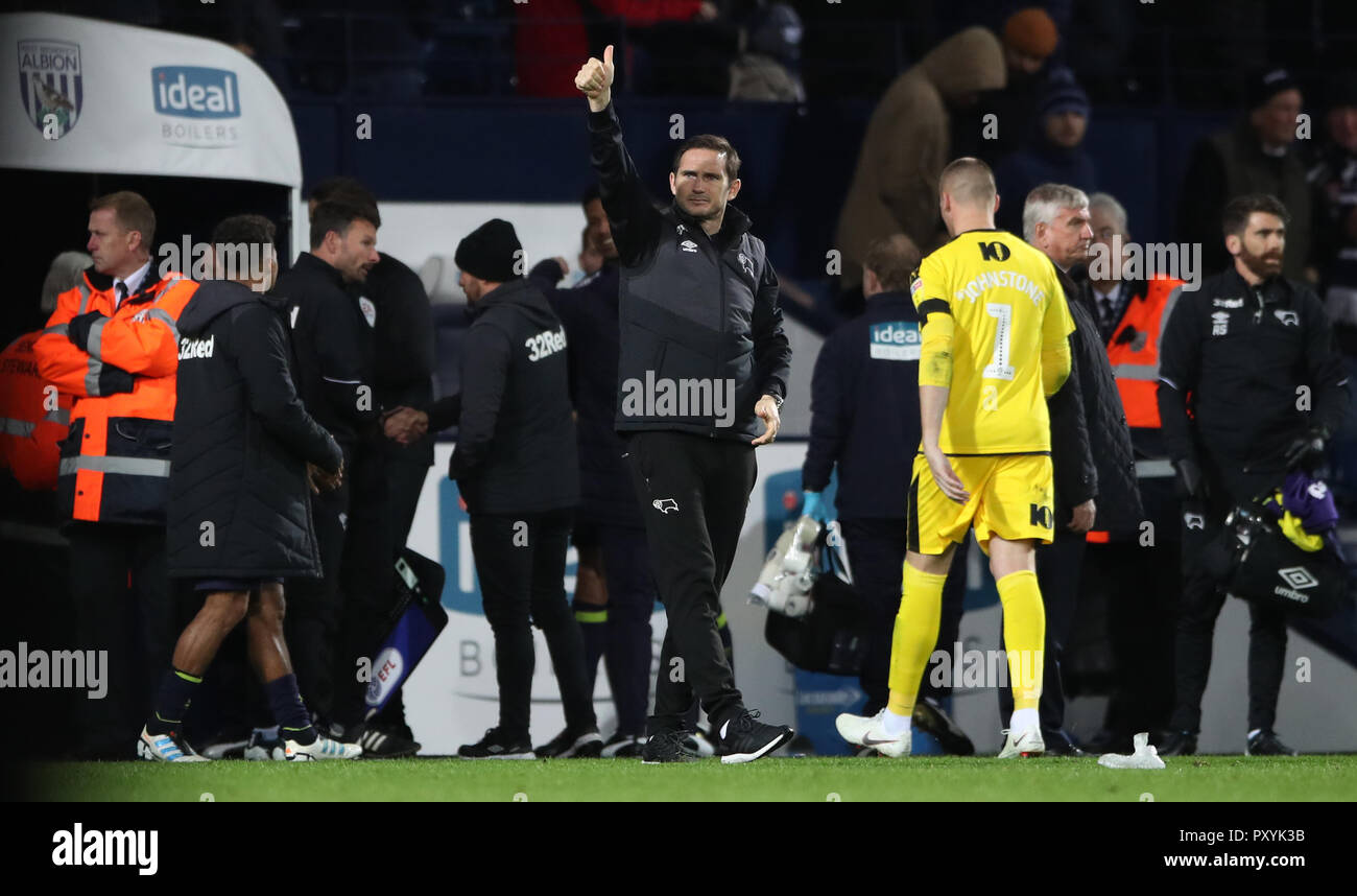 Derby County manager Frank Lampard gestures to the away fans after the ...
