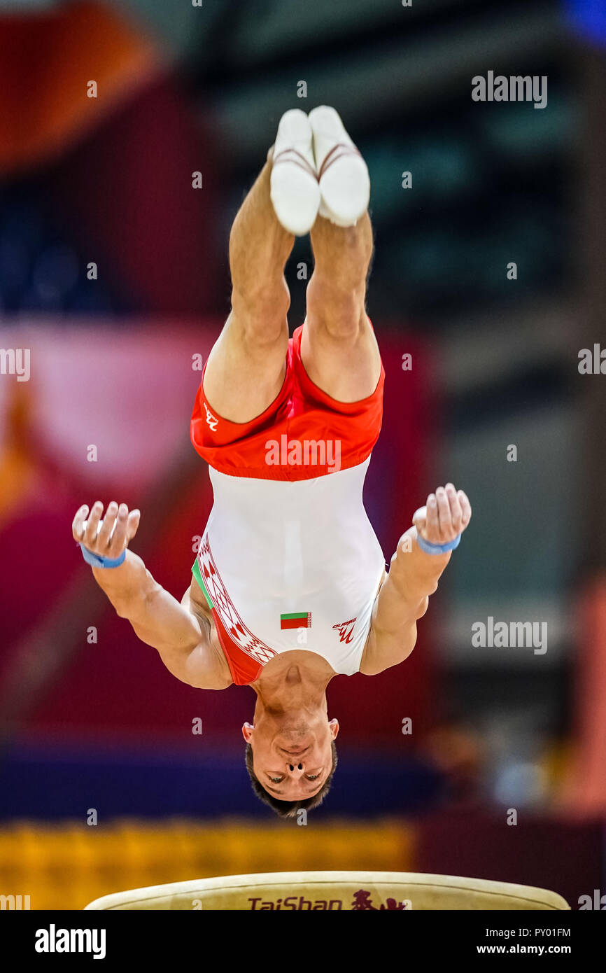Doha, Qatar. October 25, 2018: Dennis Goossens of Belgium during vault ...