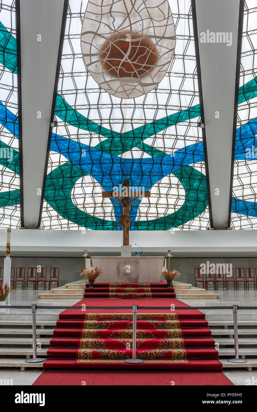 Stained glass windows and altar inside of Brasilia Cathedral, Brasilia ...