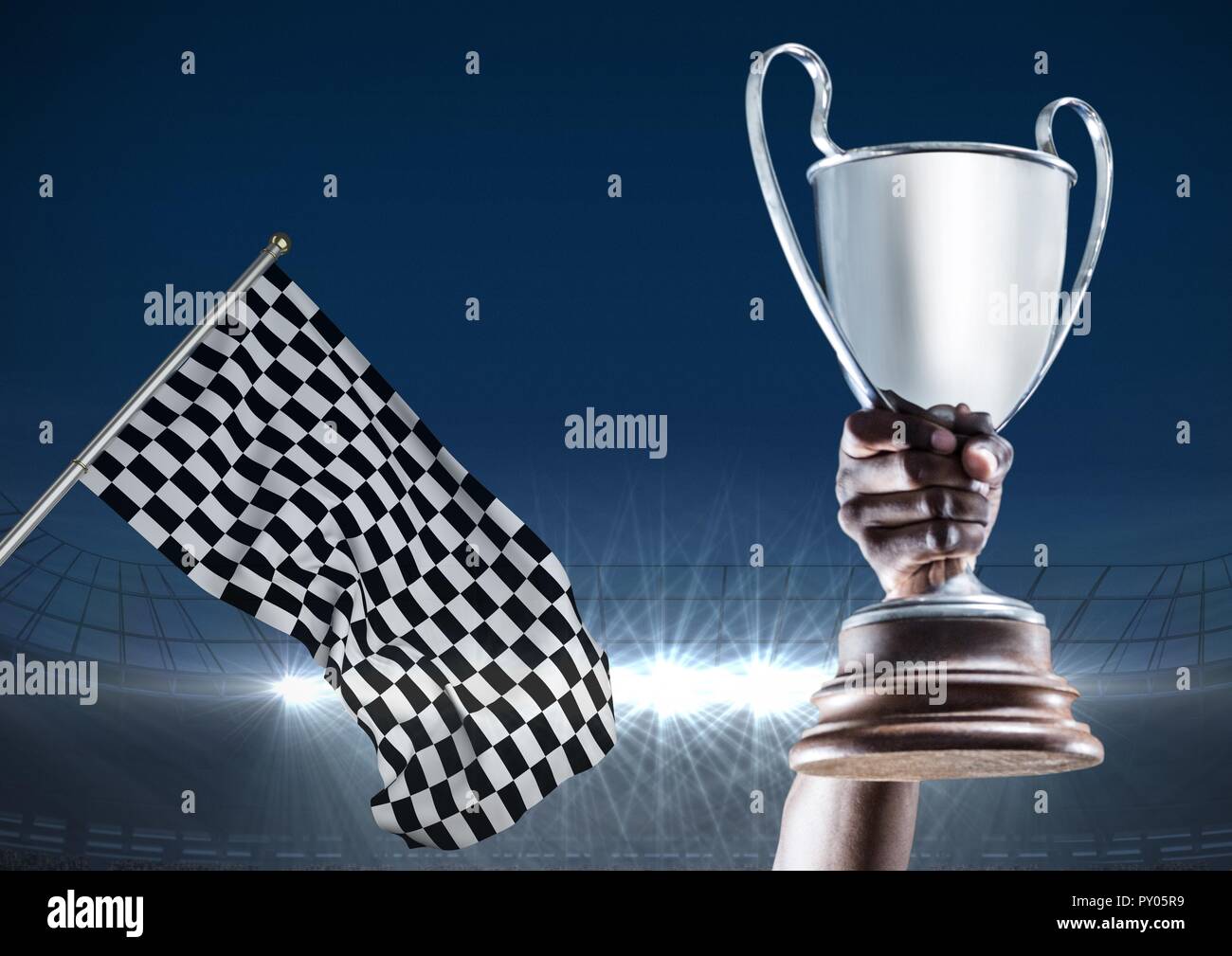 Digital composition of hand of athlete holding trophy in the stadium ...