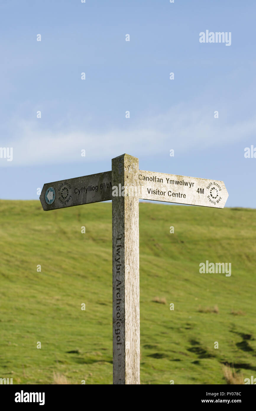 Walking guide post on the Brenig Way archaeological trail at Llyn ...
