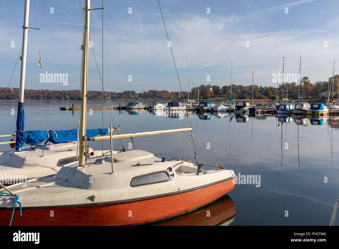 Sailing-boats in small marina, Yachtklubben Furesøen, Furesoe, Denmark ...