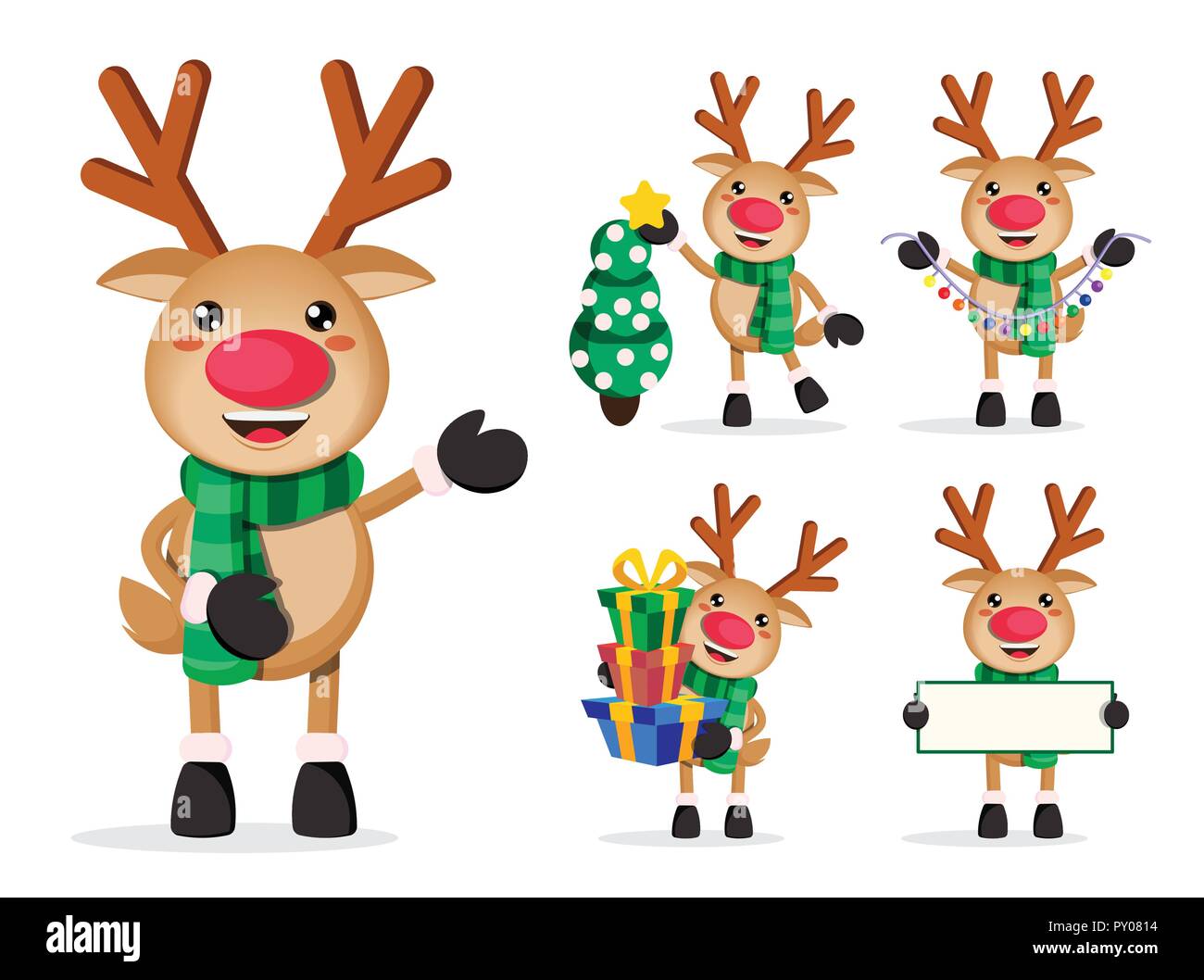 Reindeer vector characters set. Rudolph cartoon characters holding ...