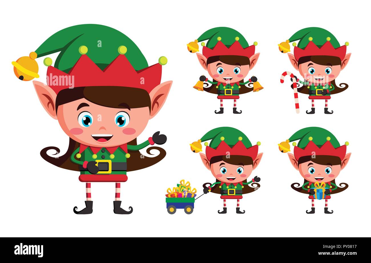Girl elf christmas vector character set. Kid elves cartoon characters ...