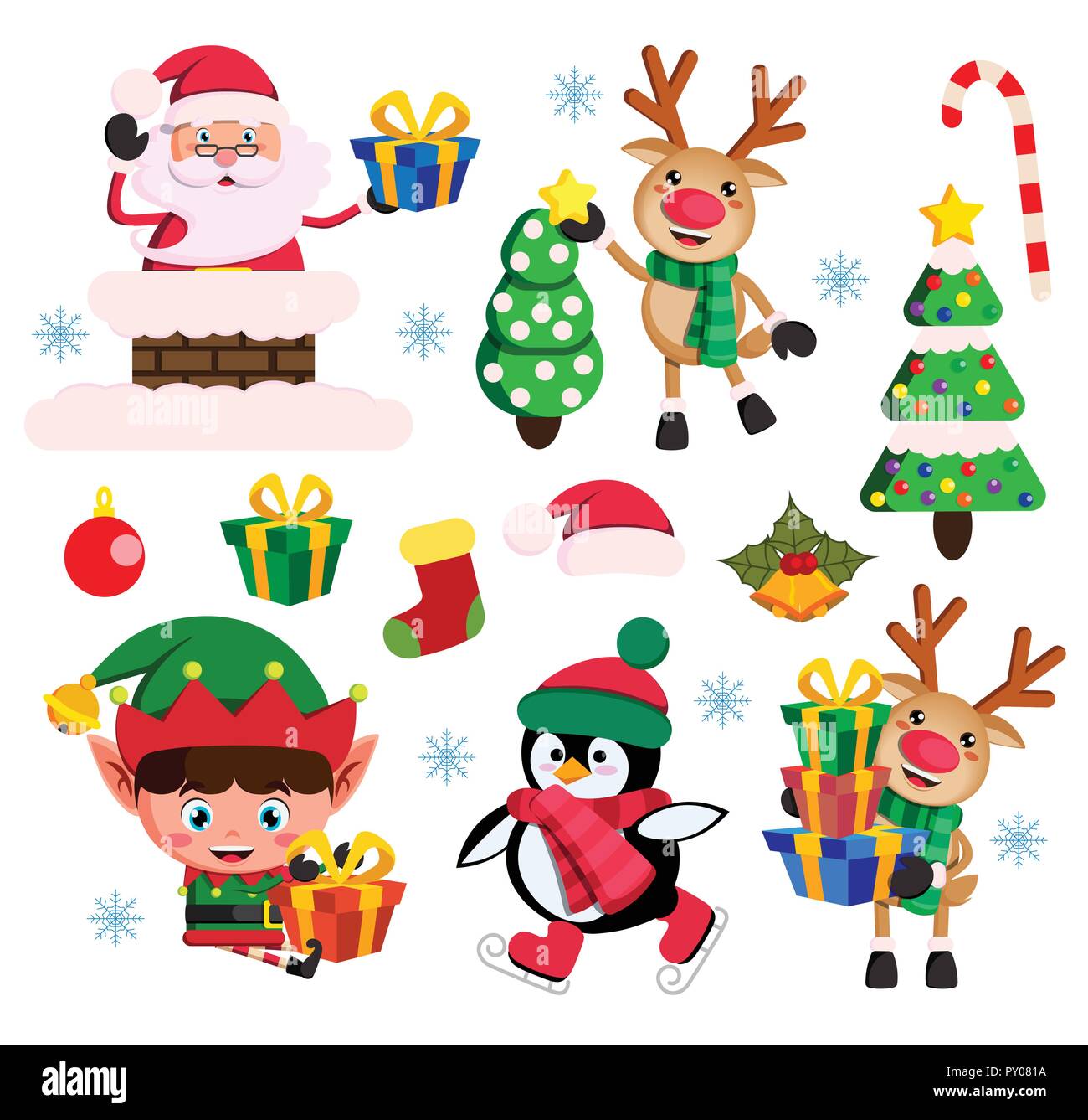 Christmas elements flat vector set with santa claus, elf and reindeer ...