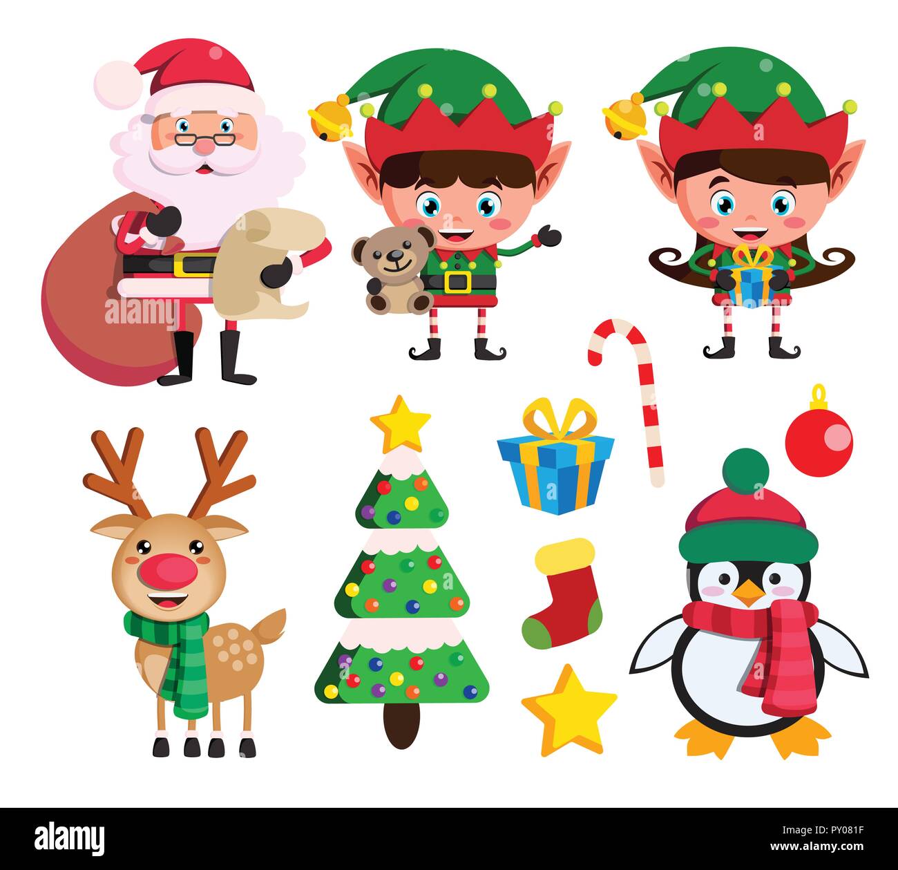 Christmas elements and vector characters like santa claus, elf and ...