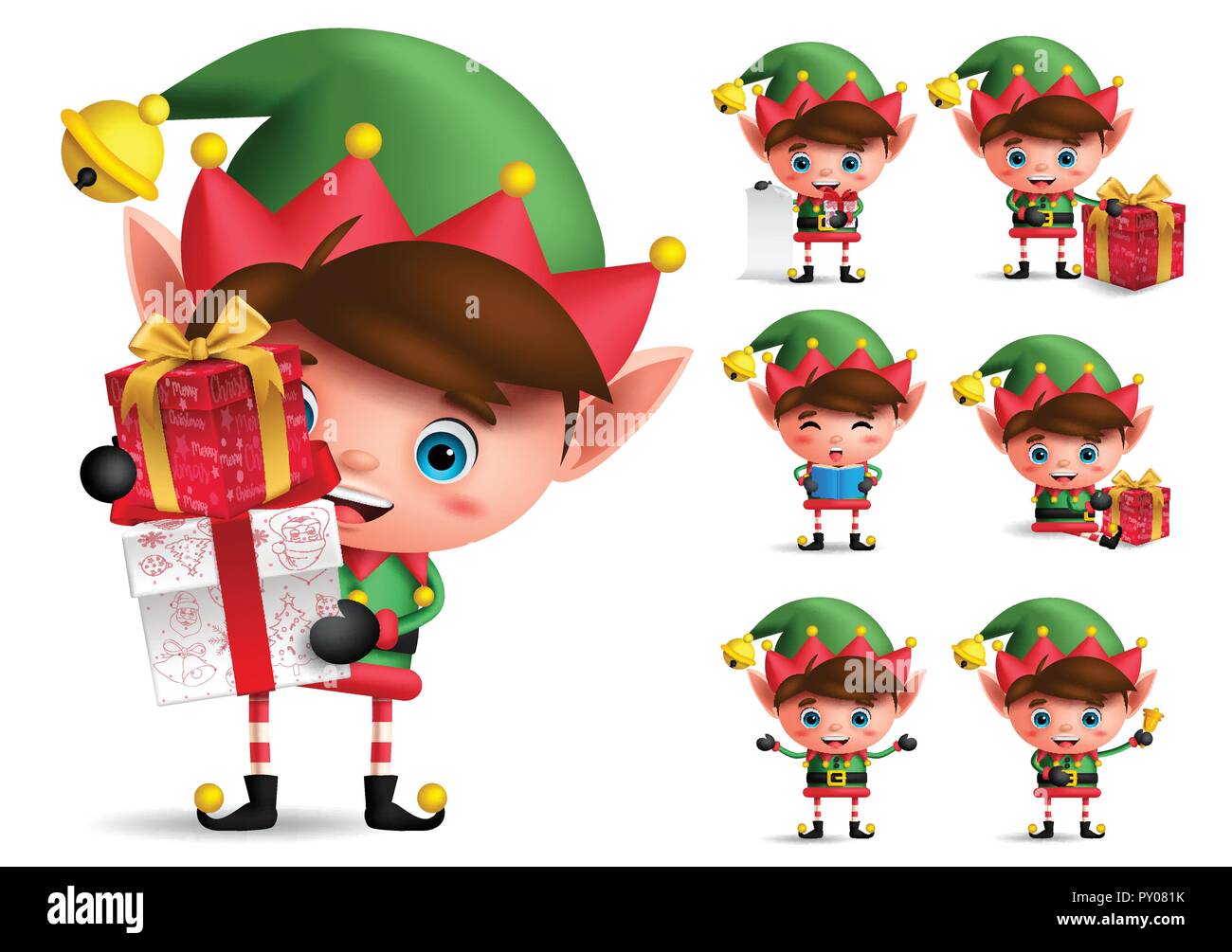 Christmas elf vector character set. Boy elves with green costume ...