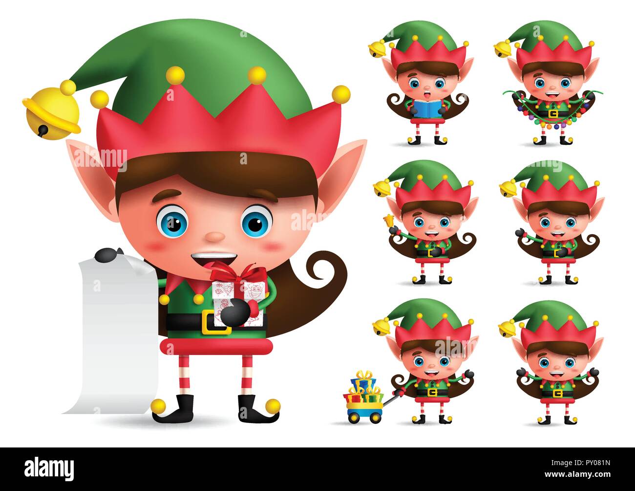 Christmas elf vector character set. Girl elves with green costume ...