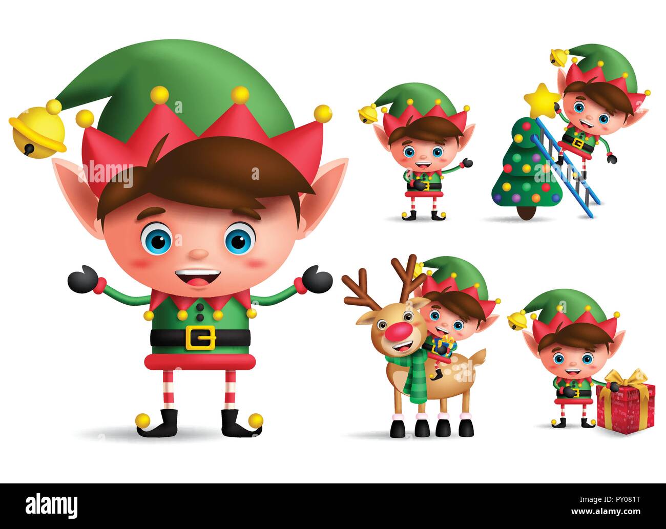 Boy christmas elf vector character set. Little kid elves with green ...