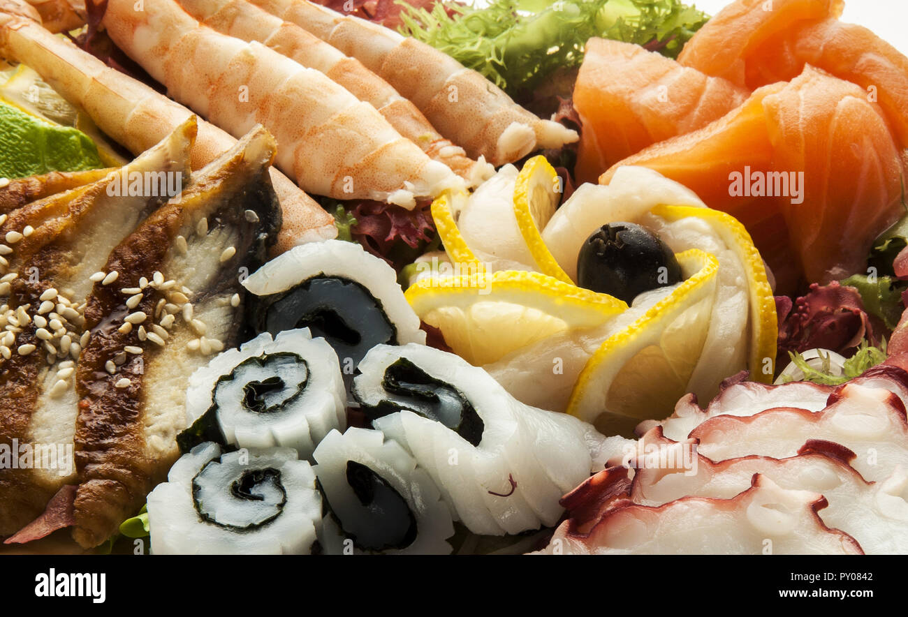 Variety of prepared sushi fish Stock Photo - Alamy