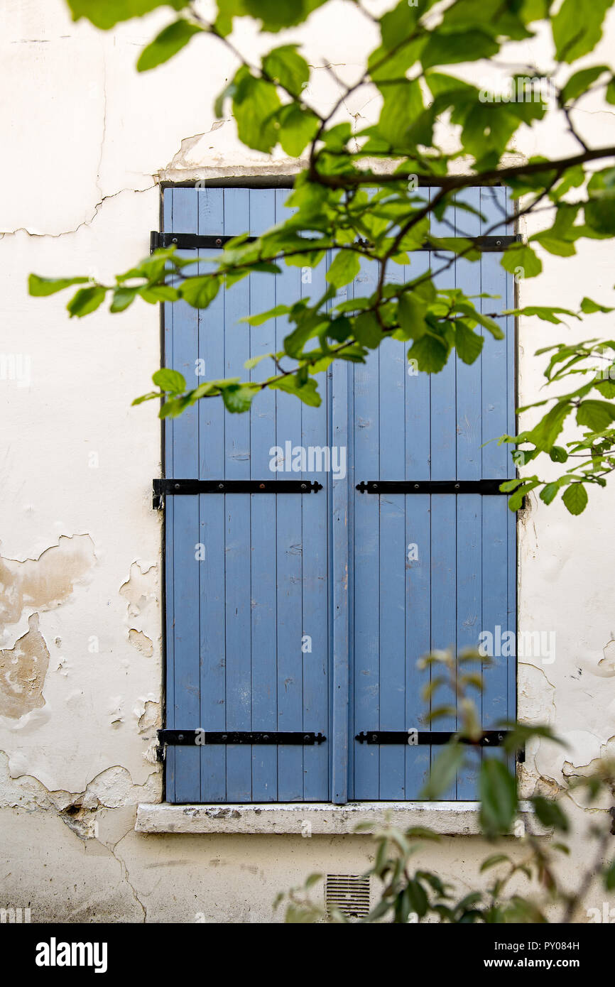 Blue old wooden window in Paris Stock Photo - Alamy