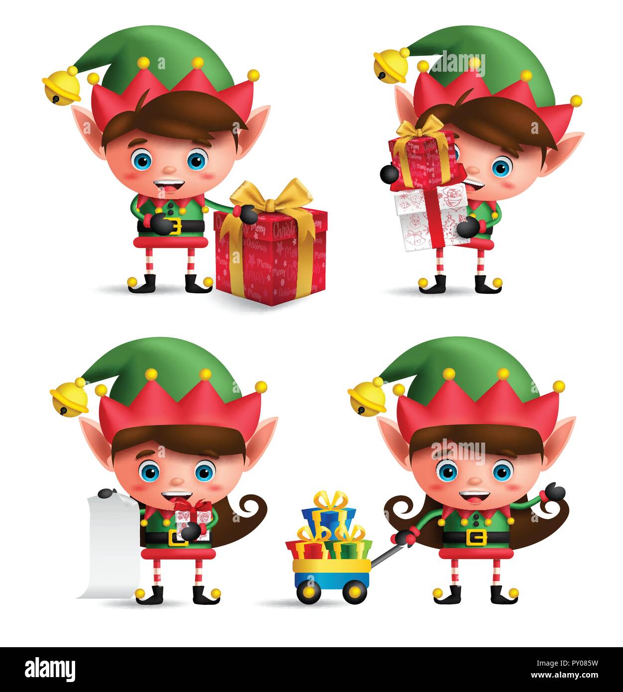 Christmas elves vector characters set. Cute kids with green elf costume ...