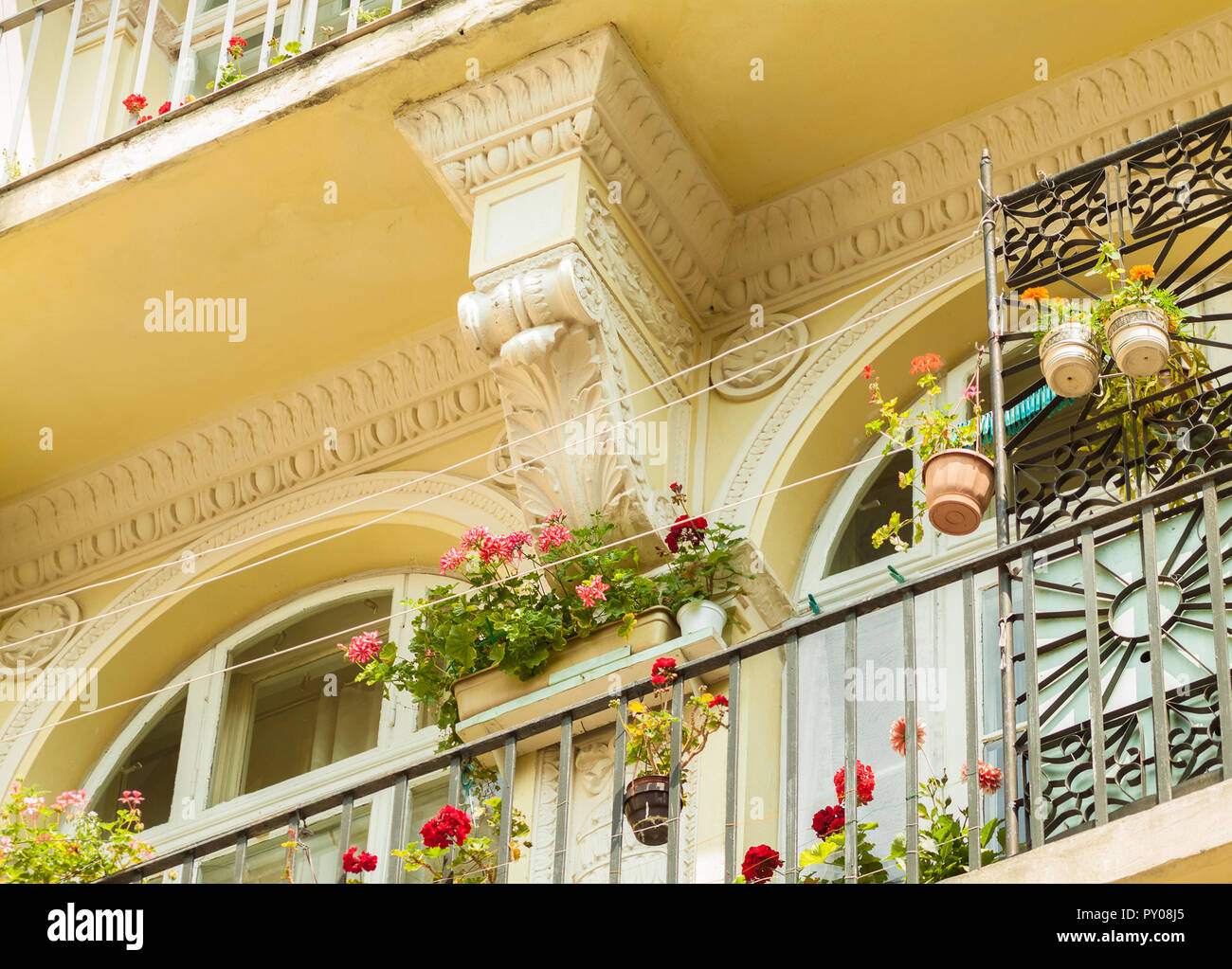 European balcony with flowers. Old architecture world heritage Stock ...