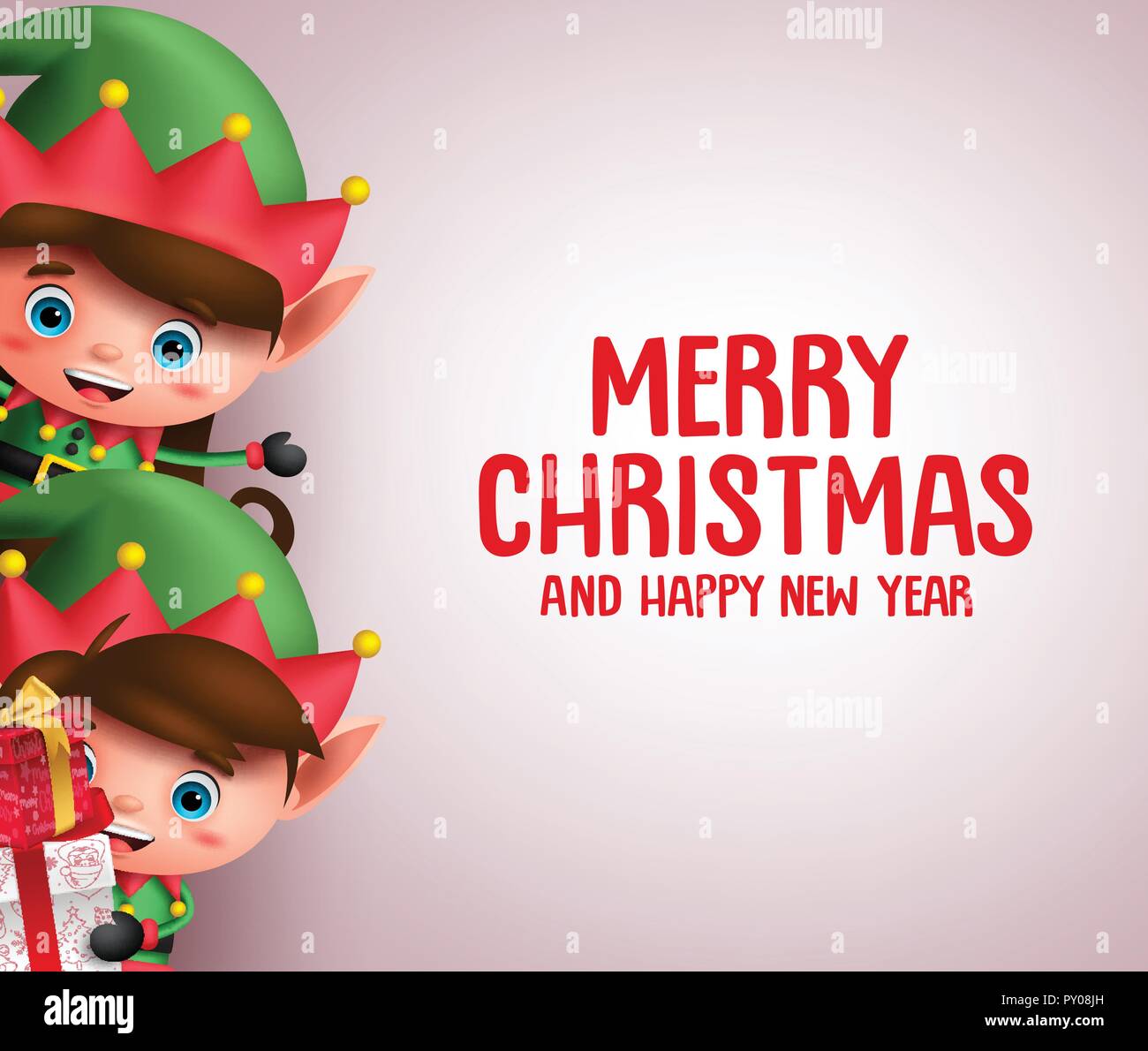 Christmas vector background template with kid elves characters showing ...