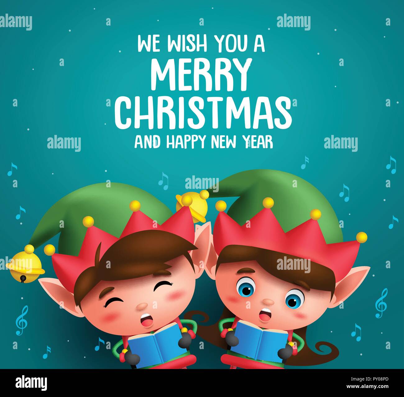 Christmas elves vector characters singing christmas carol in blue ...