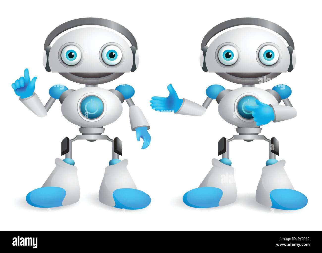Robots vector character set. Friendly mascot robot design element for ...