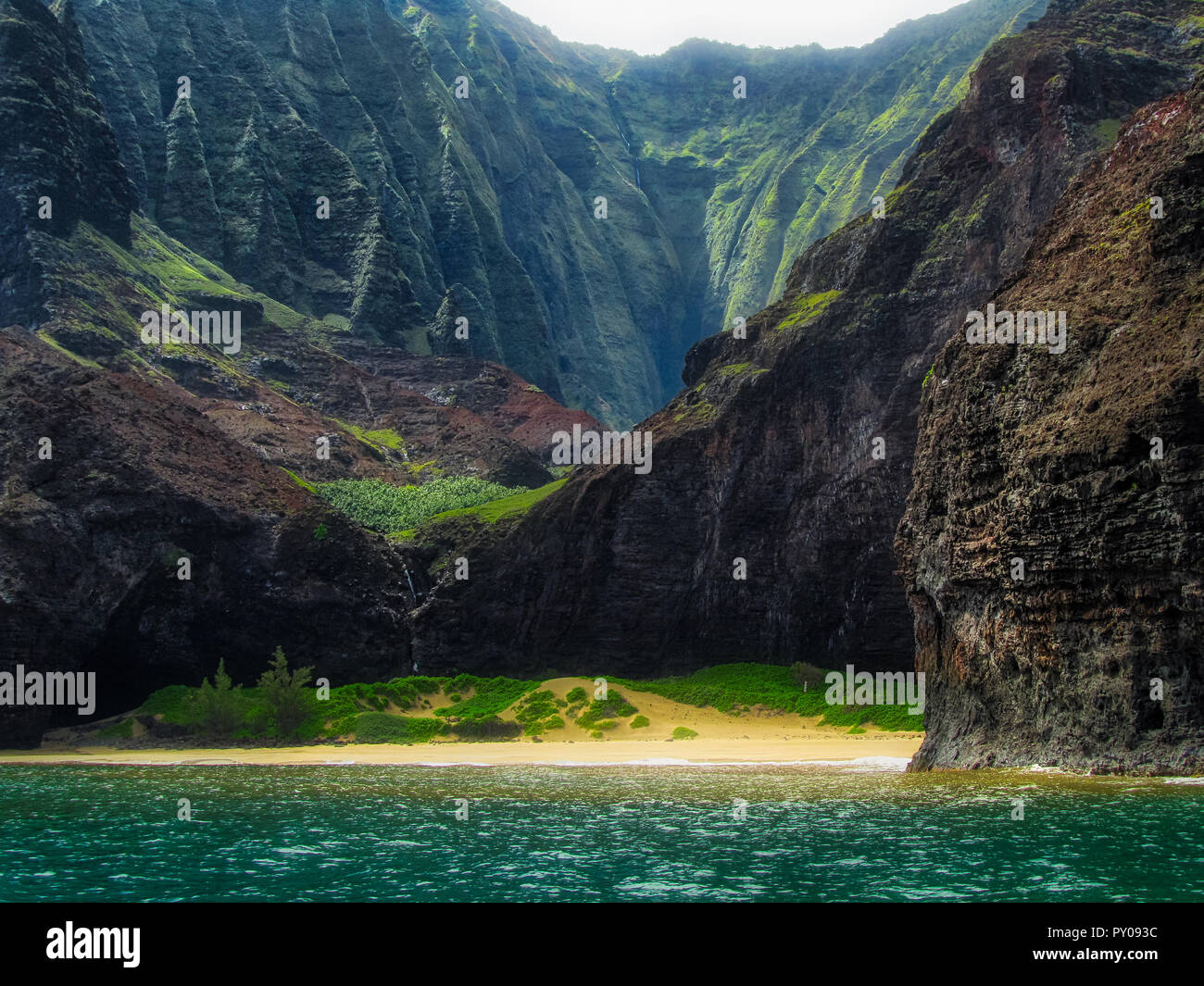Stunning view of secluded Kalalau Beach and Kalalau Valley from a boat ...